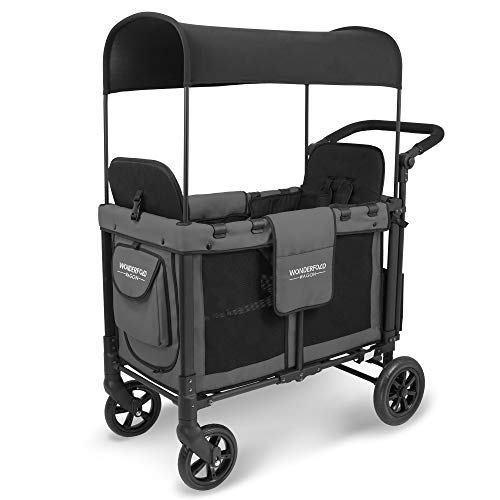 WONDERFOLD W2 Original+ Stroller Wagon (2 Seater) - Collapsible Wagon Stroller with Seats with 5-Point Harnesses, Easy-Access Door, and Adjustable Sun Canopy, Charcoal Gray