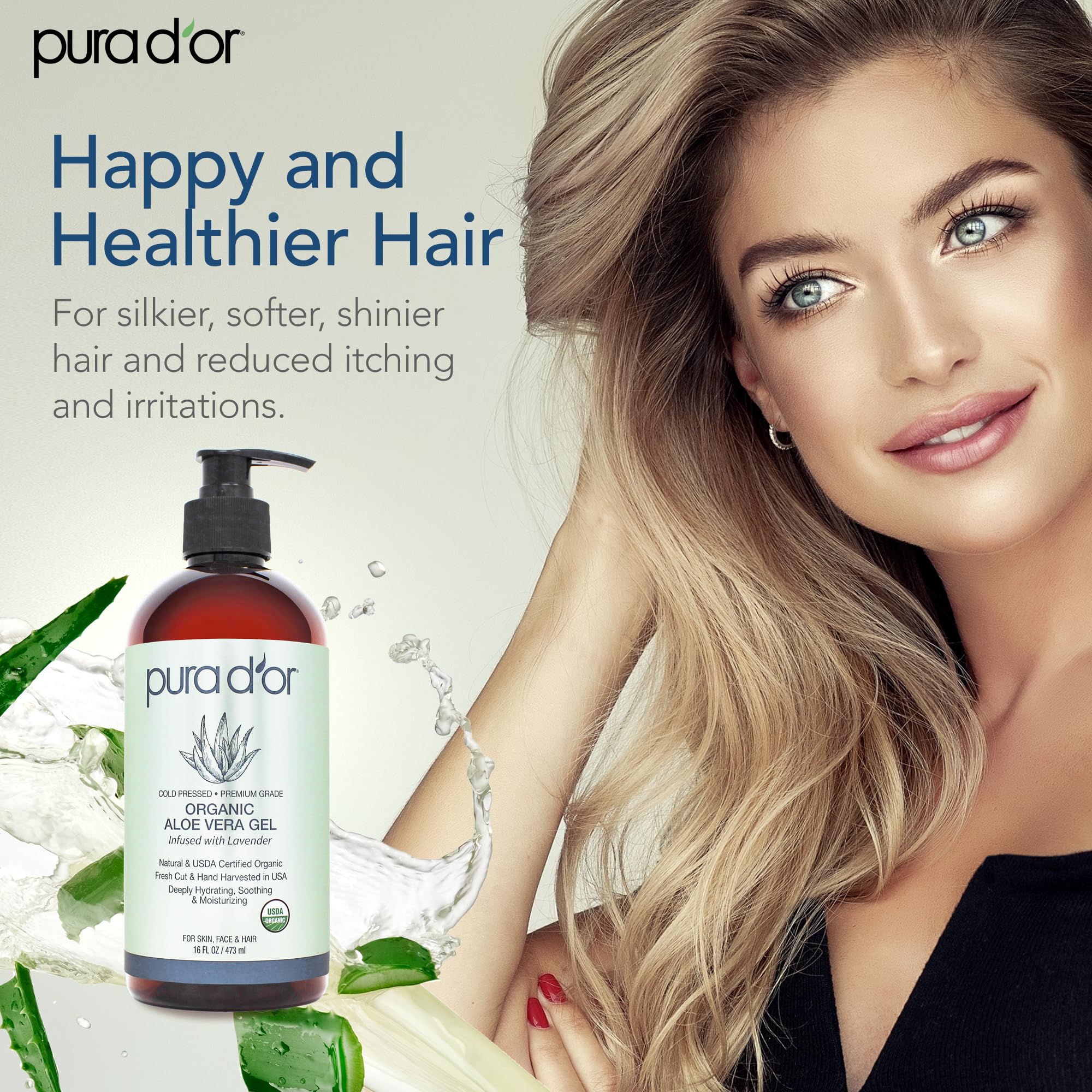 PURA D'OR 16 Oz ORGANIC Aloe Vera Gel - Lavender - All Natural - ZERO Artificial Preservatives - Deeply Hydrating & Moisturizing - Sunburn, Bug Bites, Rashes, Small Cuts, Eczema Relief - Skin & Hair