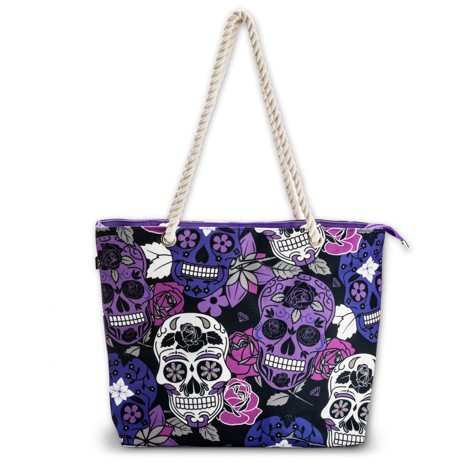 Skullistic Sugar Skull Purple Shoulder Bag - Beach, Travel & Gym, Thick Canvas, L18.5 x H13.5 x W5