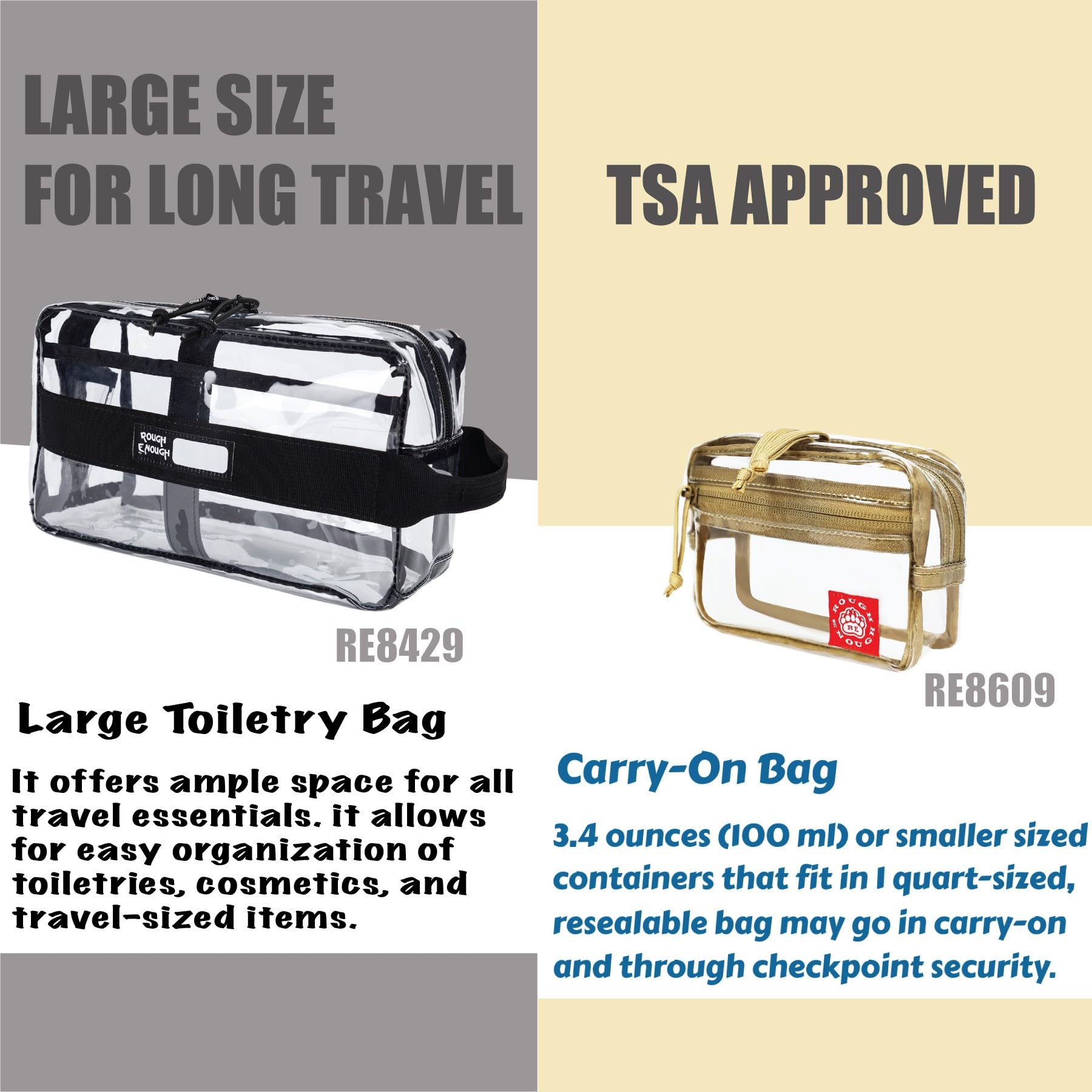 Rough Enough Clear Toiletry Bag Travel Makeup Cosmetic Bags Organizer Case for Toiletries with Zipper Pockets and Handle