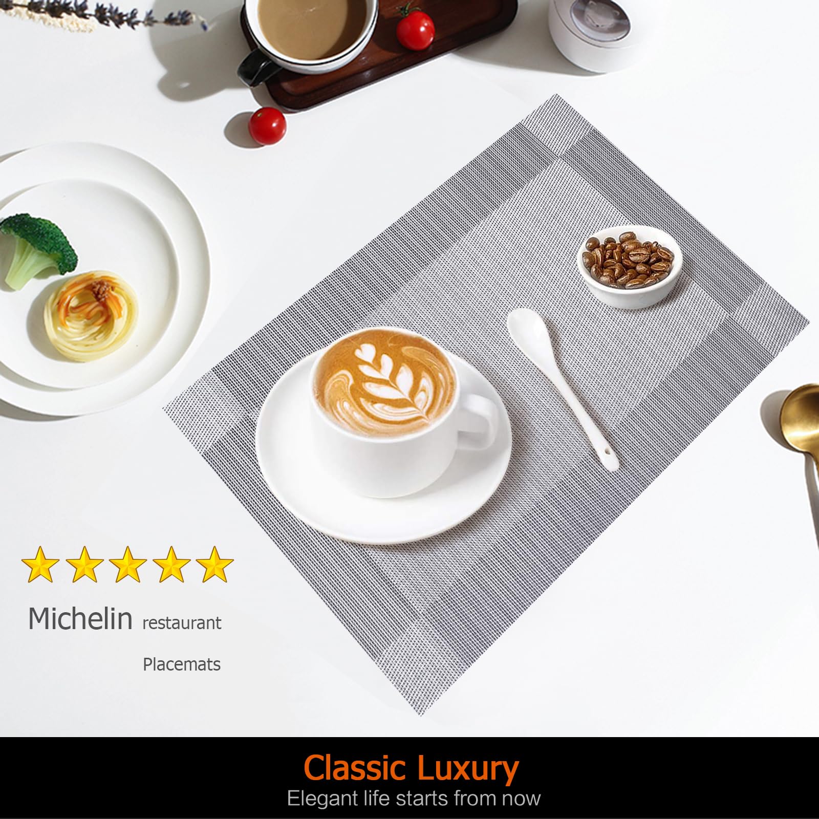 Uolr Table Mats Set of 6 Grey Washable& Wipeable Plastic Placemats for Kitchen Indoor Outdoor Heat Resistant Non Slip Woven Vinyl Table Placemats Protect Dining Table Silver Place mats (Grey)