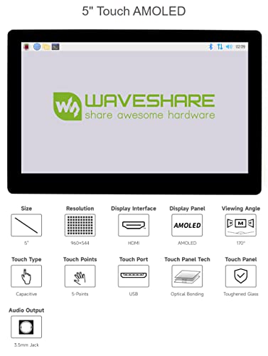 waveshare 5inch Capacitive Touch AMOLED Display Compatible with Raspberry Pi 5/4B/3B+/3A+/2B/B+/A+/Zero/Zero W/WH/Zero 2W CM3+/4 960×544 Resolution HDMI Optical Bonding Supports Jetson Nano/Windows