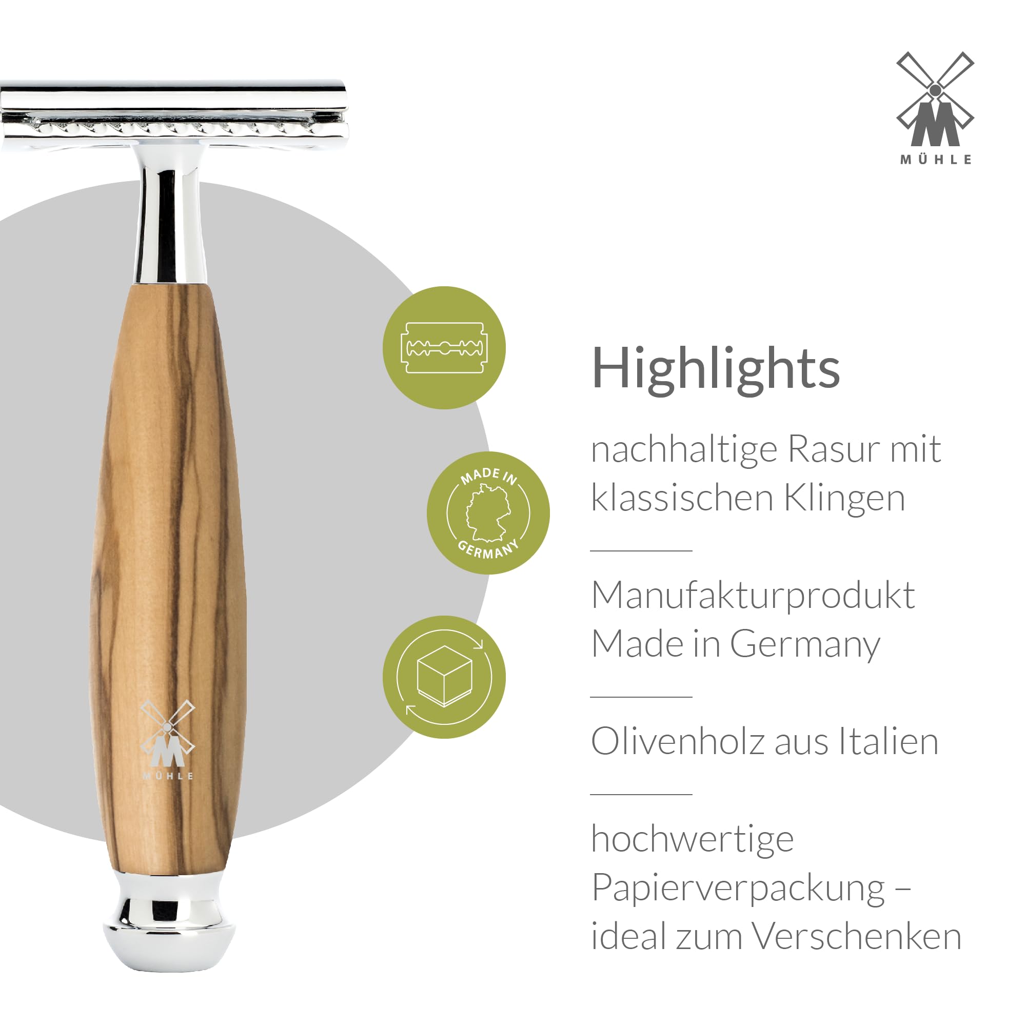 MÜHLE VIVO 4-piece Pure Badger Modern Safety Razor Luxury Wet Shaving Set - Perfect for Every Day Use, Barbershop Quality Close Smooth Shave