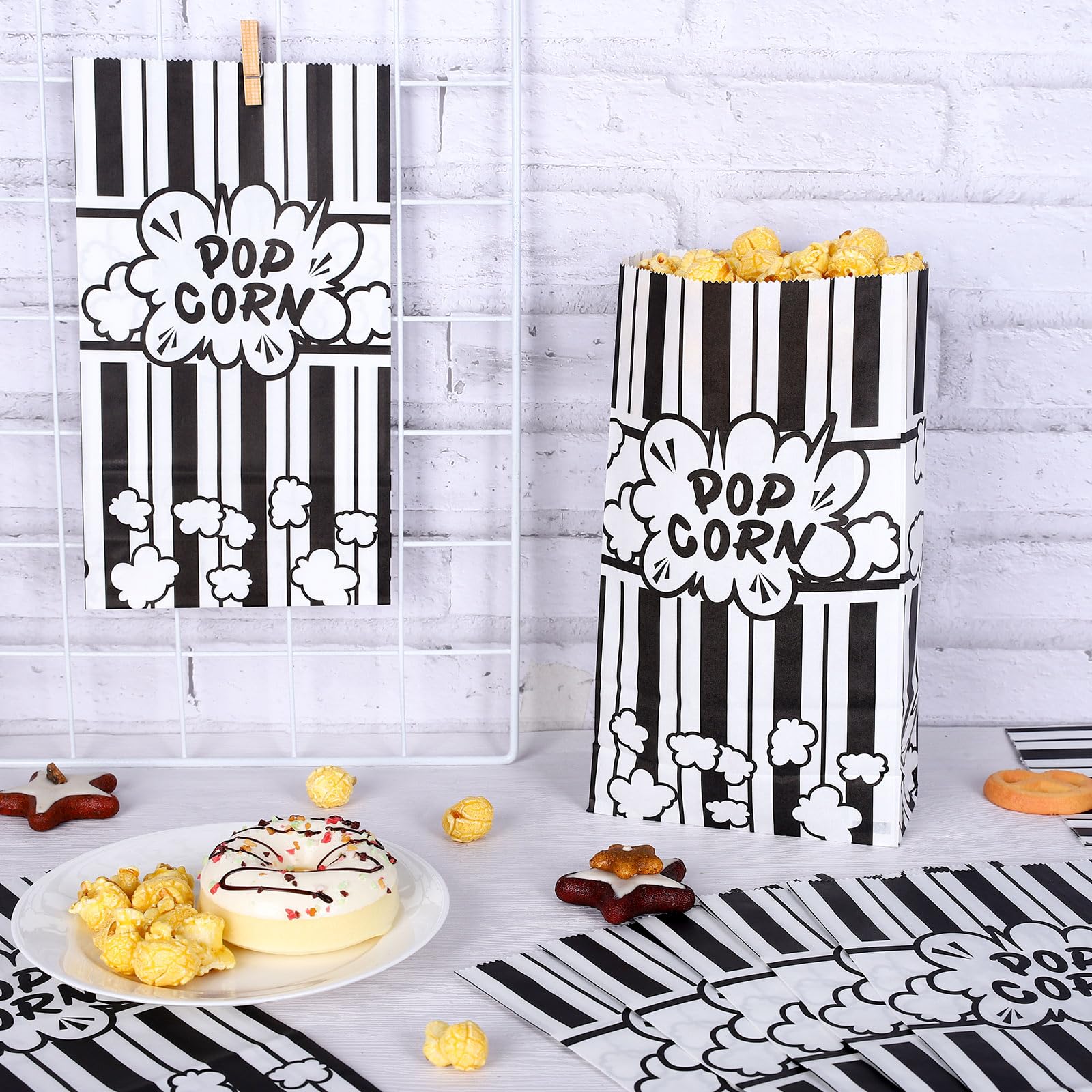 Whaline 200Pcs Movie Night Paper Popcorn Bags 2 oz Black and White Stripe Flat Bottom Popcorn Container Grease Resistant Large Sleeve Popcorn Bucket Disposable for Retro Movie Themed Party Carnival