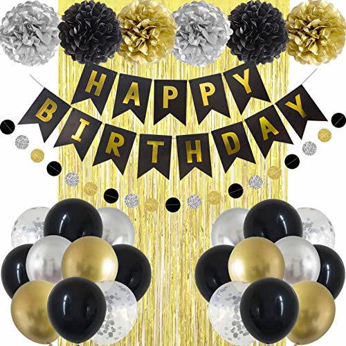 ANSOMO Black Gold and Silver Happy Birthday Party Decorations Dรฉcor Supplies Men Boys Him 1st 13th 18th 21st 30th 40th 50th 60th Banner Balloons Pom Poms