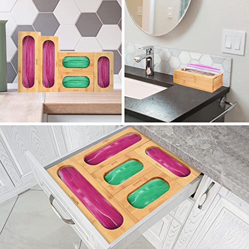 Bag Storage Organizer for Kitchen Drawer, Bamboo Organizer, Compatible with Ziplock Gallon, Quart, Sandwich and Snack Variety Size Bag (Parted)