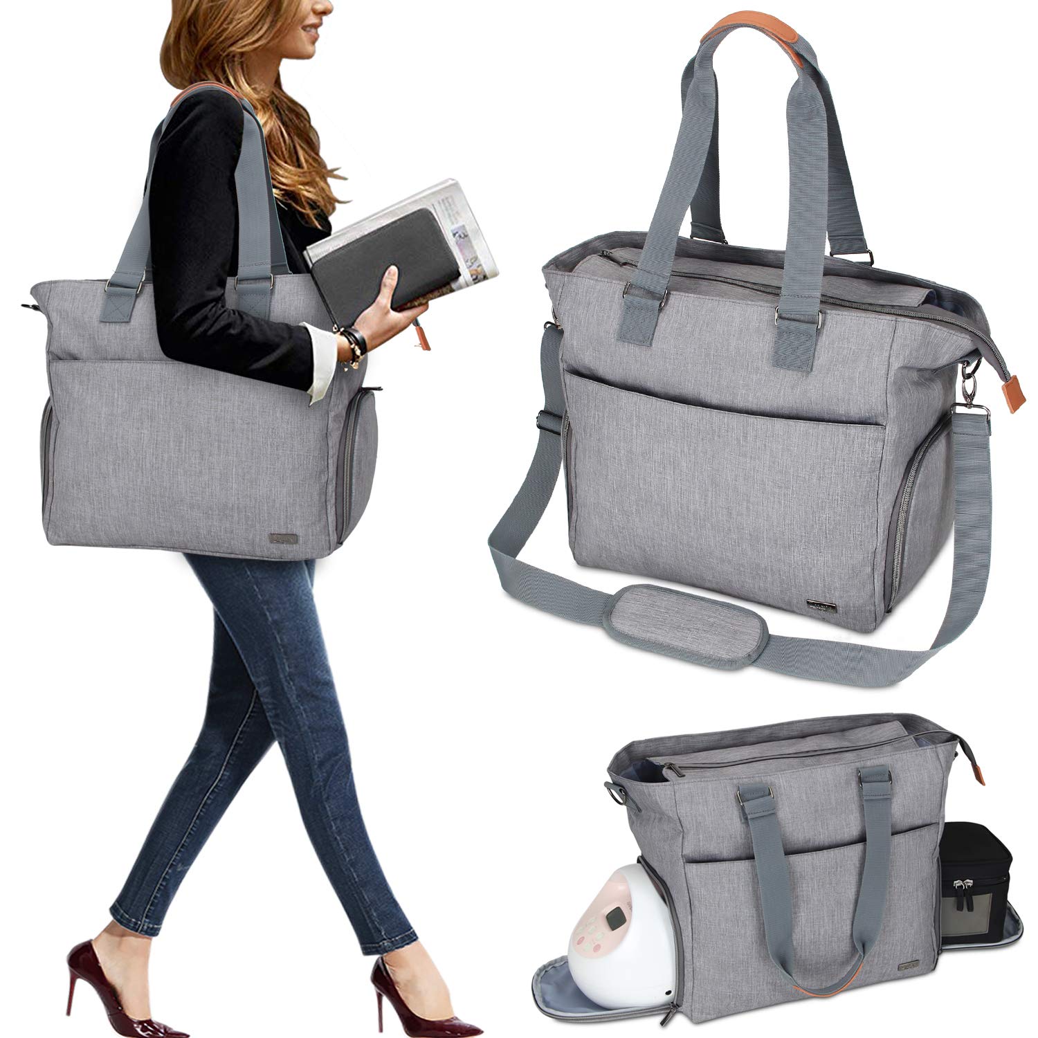LUXJA Breast Pump Tote with Pockets for Laptop and Cooler Bag, Breast Pump Bag for Working Mothers (Fits Most Major Breast Pump), Gray