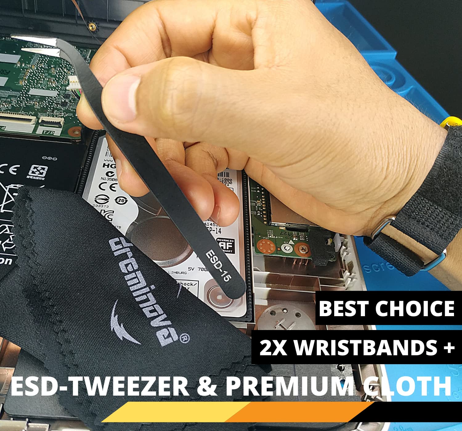 Safe ESD Anti Static Wrist Strap Band Long Earthing Wristband Grounding Bracelet for ESD Mat Computer PC Building Electronics Repair Ground wire cord with Metal Alligator Clip By DREMINOVA