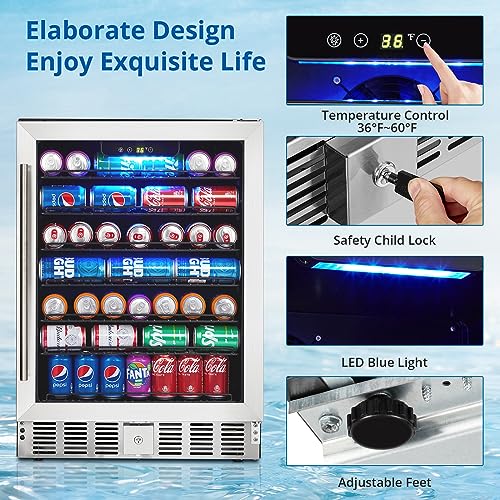 Takywep 24 Inch Beverage Refrigerator, 5.1 Cu.ft Beverage Cooler Under Counter, 166 Cans Drink Fridge for Drinks, Soda, Beer or Wine, 36~60°F Adjustable Temperature.