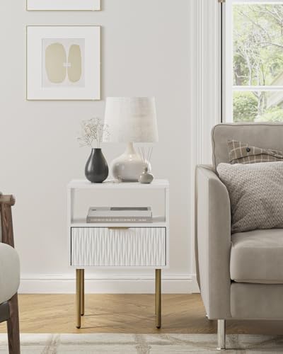 Aienvey Night Stand, Modern Bedside Table with Storage Drawer, Small Side Table with Open Wood Shelf, Bedside Furniture, Nightstand, End Table for Bedroom, Living Room, White