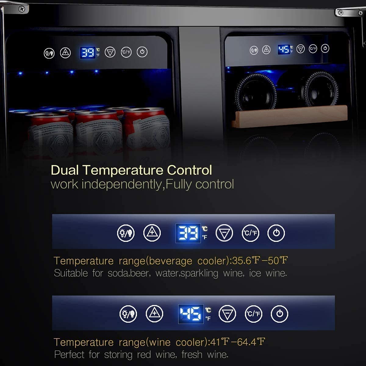 AAOBOSI 24 Inch Wine and Beverage Refrigerator - 19 Bottles & 57 Cans Capacity Dual Zone Wine Cooler - Wine Fridge Built in Counter or Freestanding - 2 Safety Locks and Blue Interior Light