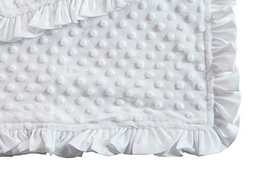 Snuggle Stuffs White Minky Dot & Satin Ruffle Newborn Baby Christening Baptism Blanket - Small 30" x 40"