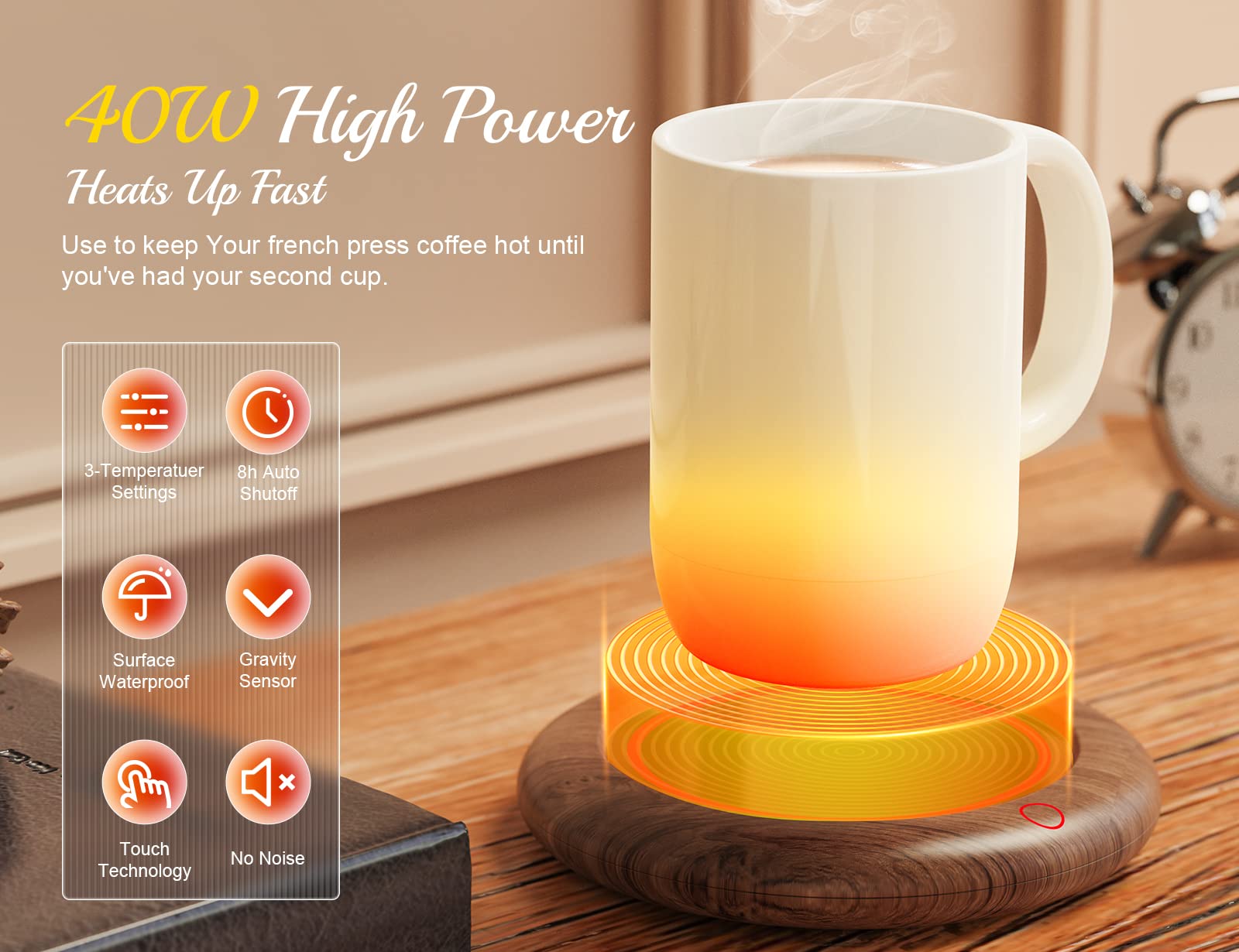 Coffee Mug Warmer, 40W Coffee Cup Warmer for Desk with 3 TEM Setting Breathing Light Gravity-Induction Smart Electric Beverage Warmers Heating Plate for Coffee, Milk, Tea, Candle Wax