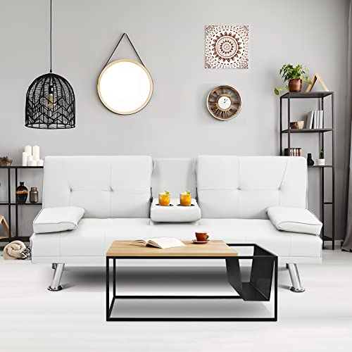 Antetek Futon Sofa Bed, Modern Convertible Upholstered Faux Leather Loveseat Sleeper Sofa Couch w/5 Adjustable Positions, Cup Holder for Living Room, Bedroom, Studio, Office, White