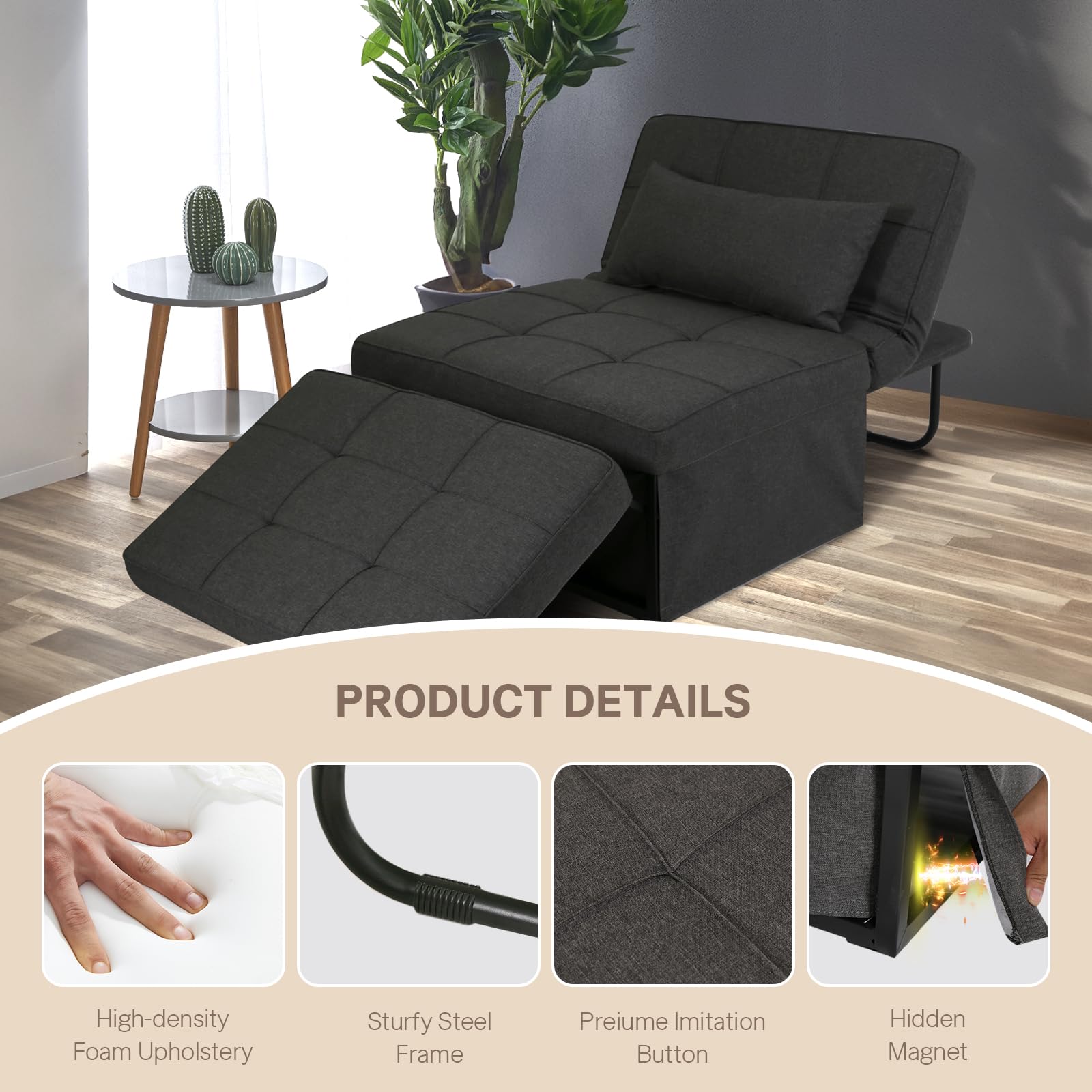 IJIALIFE Ottoman Sofa Folding Sofa Bed(No Installation Required), 4 in-1 Sleeper Chair Bed Multi-Function Folding Convertible Couch Chair Ottoman Bed for Apartment, Small Space,36” Width(Gray)