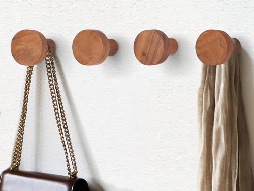 ACTESE Modern Wooden Wall Hooks Set, Walnut Coat Hooks,Wall Mounted, Classy Wood Coat Hanger, Heavy Duty, Wall Mounted, Wood Pegs for Hanging Hats, Jackets, or Bags (Round (Walnut 4pcs))