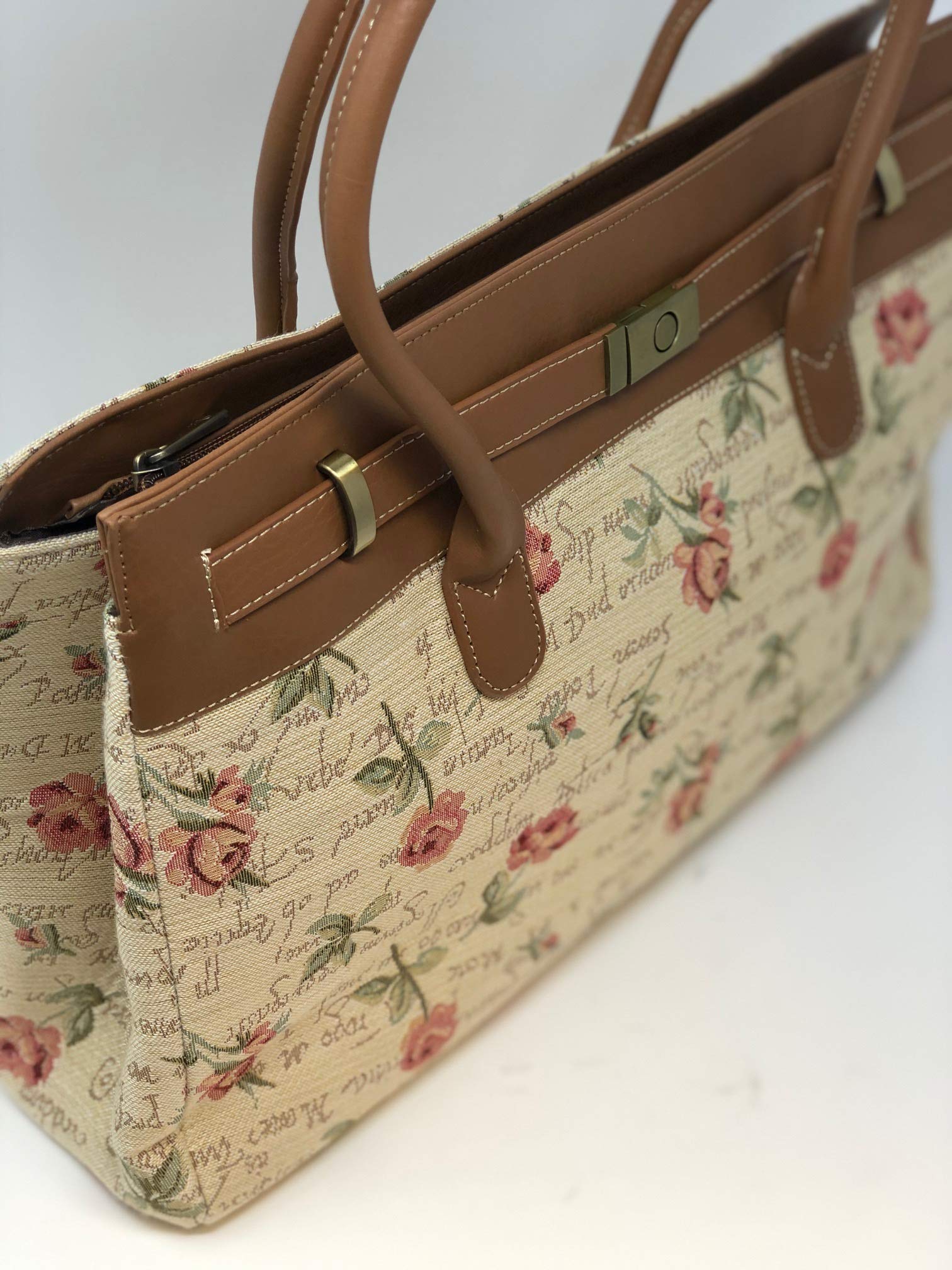 BANBERRY DESIGNS Pink Rose Tapestry Tote Bag With Brass Buckles 15