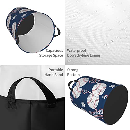 Baseball Laundry Hamper Collapsible Laundry Baskets with Handles Dirty Foldable Clothes Basket Easy Carry Laundry Bag Round Storage Basket for Bedroom Toy Blue