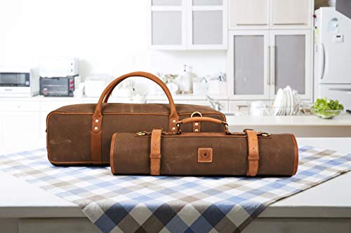 Aaron Leather Goods Leather Knife Roll With Storage Bag, Elastic and Expandable 10 Pockets, Adjustable/Detachable Shoulder Strap, Travel-Friendly Chef Knife Case (Green, Canvas)