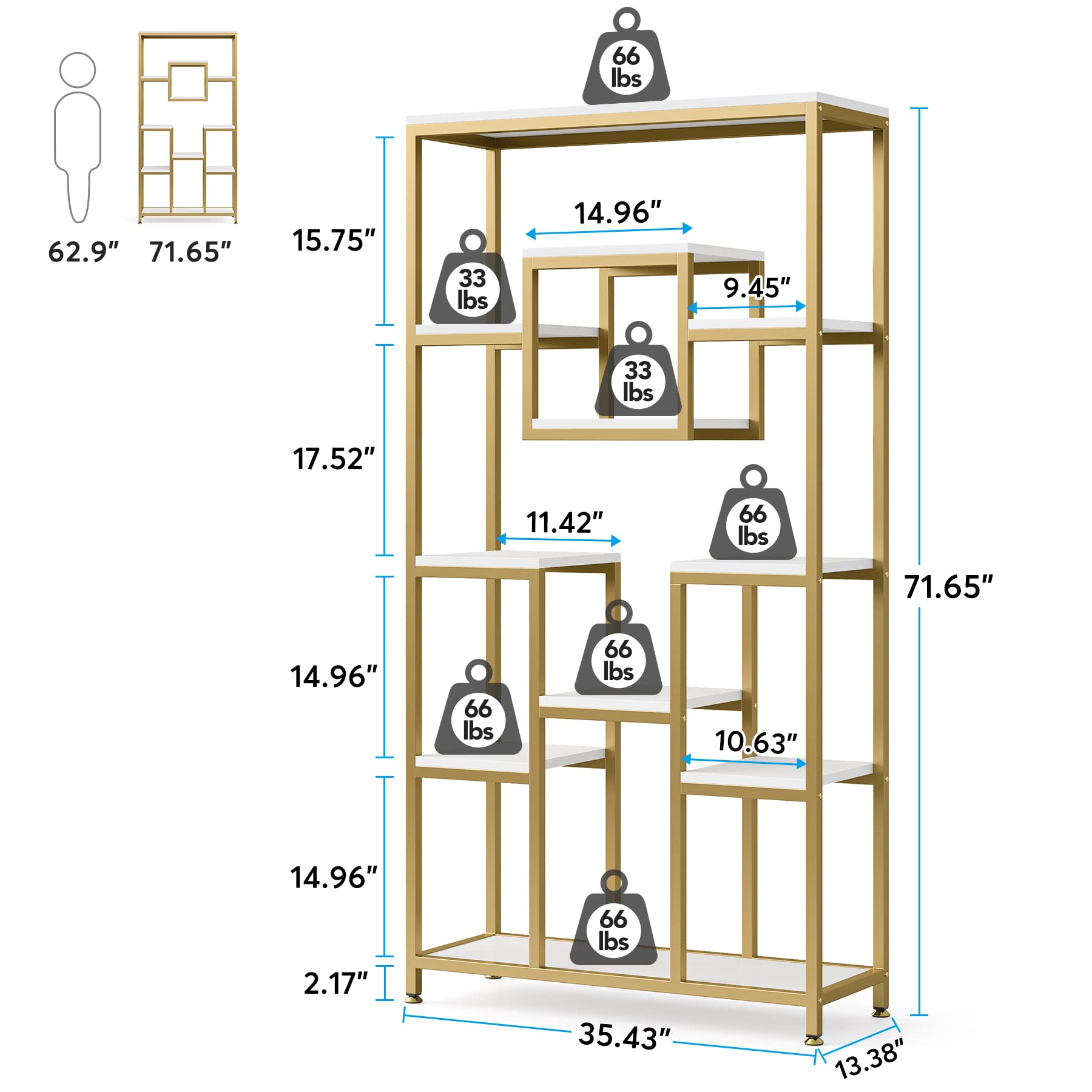 Tribesigns Bookcases and Bookshelves, 71โ Tall Bookshelf with Metal Frame, Freestanding Geometric Bookcase with Open Display Shelf for Living Room, Bedroom, Home Office, White and Gold