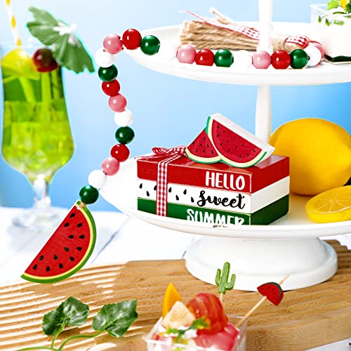 6 Pcs Watermelon Tiered Tray Decor Rustic Watermelon Summer Decor Farmhouse Watermelon Decor Summer Tiered Tray Decor Includes Wooden Bead Garland with Tassels Hello Sweet Summer Watermelon Book Stack