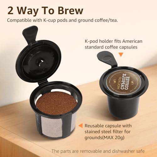 Aigostar Single Serve Coffee Maker for K Cup and Ground Coffee, 24H Timer, 6 to 14 Oz Brew Sizes, Single Cup Coffee Maker with Self-Cleaning, Fits Travel Mug, Fast Brewing Capsule Coffee Machine,Black