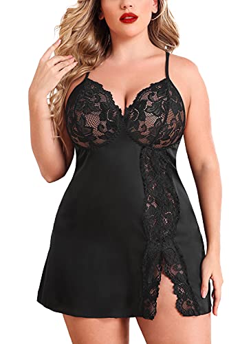 Avidlove Sexy Plus Size Lingerie Satin Lace Babydoll Mesh Strap Chemise Halter V Neck Black 22W