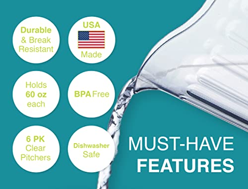 Arrow Home Products Clear Plastic Pitcher, 60 Ounce - 6 Pack Bulk Set for Bars and Restaurants - Space-Saving Stackable Design - Fill with Ice Water, Beer - Made in the USA, BPA Free, Dishwasher Safe