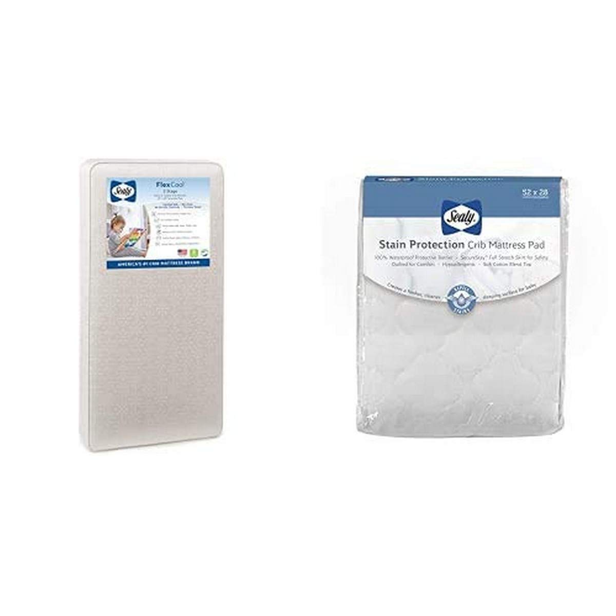 Sealy Baby Flex Cool 2-Stage Airy Dual Firmness Waterproof Standard Toddler & Baby Crib Mattress and Stain Protection Waterproof Fitted Crib Mattress Pad