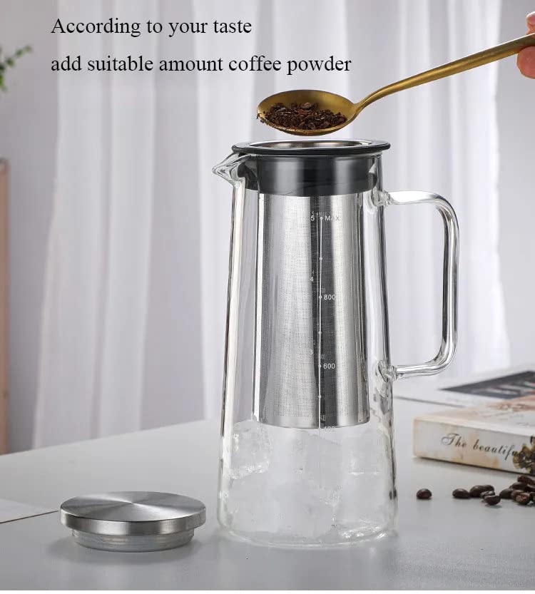 Cold Brew Coffee Maker with Lid and Handle 47oz / 1.4 Liter, Durable Glass Pitcher Carafe, Stainless Steel Mesh Filter Infuser, Dishwasher Safe, for Iced Coffee, Cold Brew, Juice, Tea & More