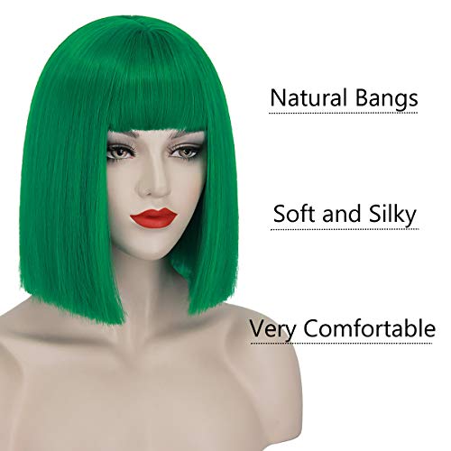 Juziviee Green Wigs for Women 12'' Short Green Bob Wig with Bangs Natural Cute Soft Synthetic Wigs for Party St Patricks Day AD016DGR