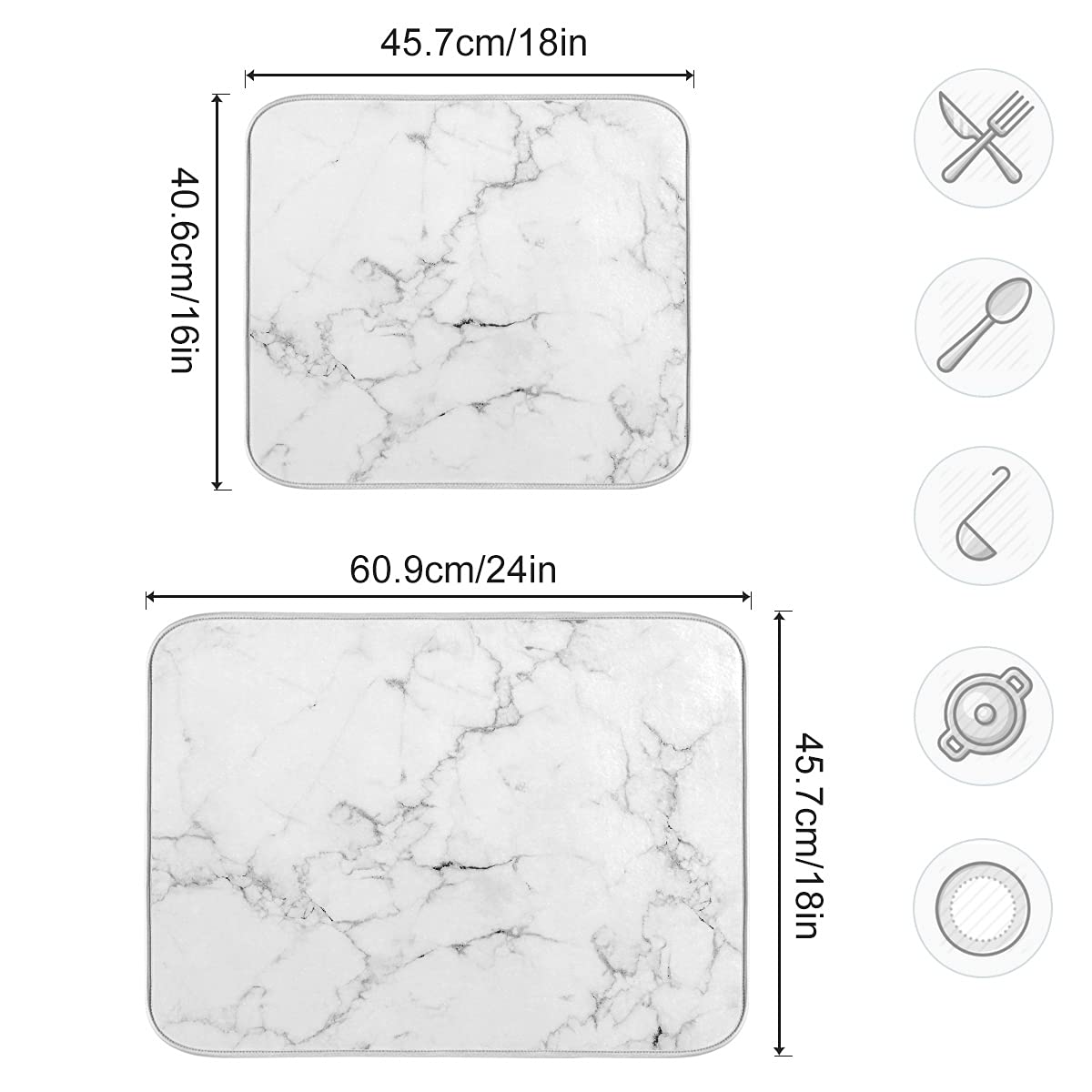 Absorbent Dish Drying Mat for Kitchen Counter - Marble Print Microfiber Drying Pad, Reversible Drainer Mats for Countertop, Medium 16 x 18 inch