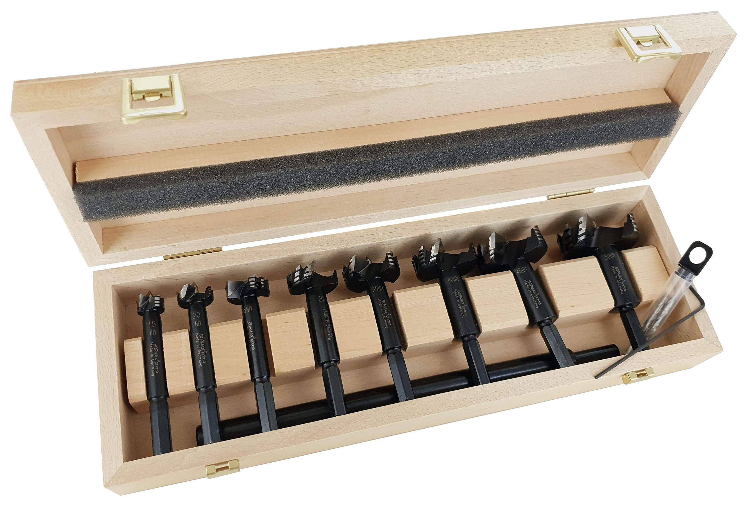 FAMAG Bormax Prima Carbide Forstner Drill Bit Set Diameter 15-50 mm and 250 mm Extension in Wooden Box 9-Piece Set