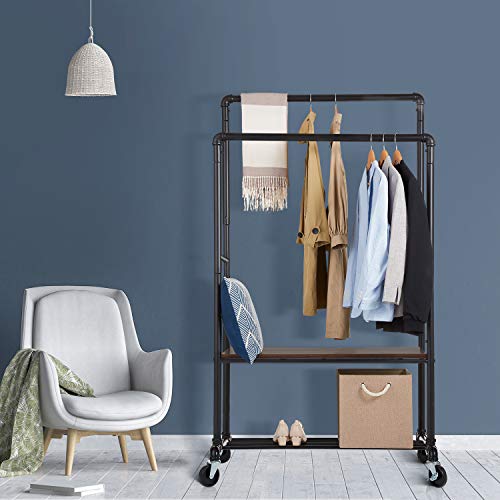 GREENSTELL Clothes Rack with Shelves, Industrial Pipe Style Rolling Garment Rack, Heavy Duty Double Rods Clothes Hanging Rack, Adjustable Height Durable Coat Rack for Organizing Clothes and Shoes