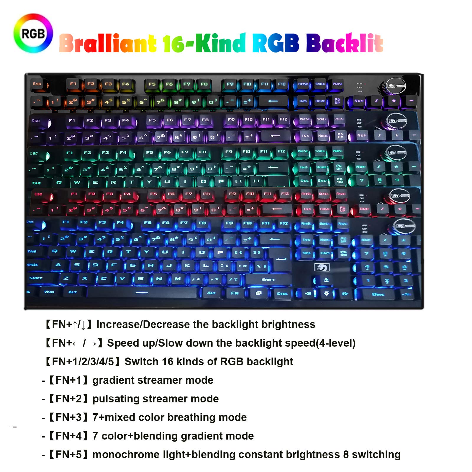 Rechargeable Gaming Keyboard Mouse Combo,2.4G Wireless,16 Kinds of RGB LED Backlit,Mechanical Feeling Keyboards with Knob Control,2400dpi Ergonomic Mouse with 7 Color Breathing LED Light (Black RGB)