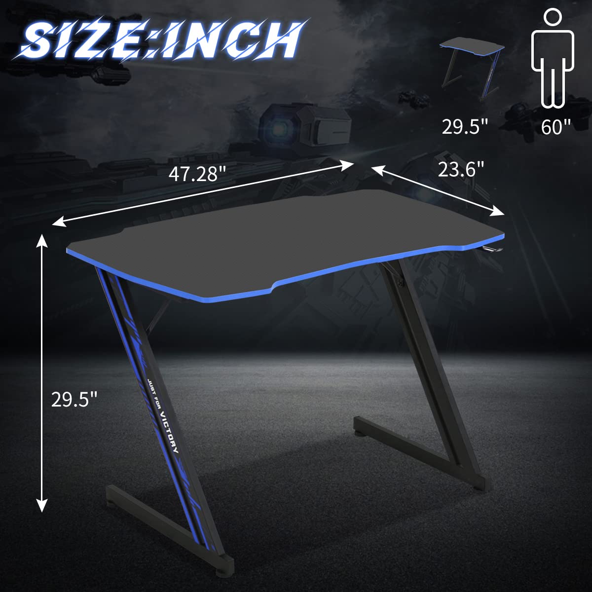 47" Gaming Desk Z Shaped Gaming Table Large Home Office Desks PC Computer Desk Workstation Ergonomic Gamer Table Writing Desk with Headphone Hook for Game Player Boyfriend Gift, Blue