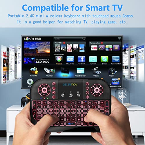 Gecen Mini Wireless Keyboard with RGB Backlit, 2.4GHz Wireless Mini Keyboard Rechargeable Controller with Touchpad Mouse Combo, Compatible with Android TV Box, IPTV, HTPC, Smart TV, PC,etc.