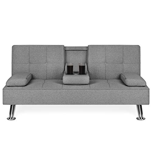 Grey Linen Upholstered Convertible Futon Sofa Bed With Cup Holder Couch Recliner Lounger Sleeper Home Living Room Bedroom Apartment Studio Modern Space Saving Furniture Décor Multifunctional Versatile