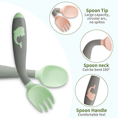 Baby Utensils Spoons Forks Sets with Travel Safe Case, Easy Grip Heat Resistant Bendable BPA Free Toddler Feeding Training Utensils Sets (2Pack,Green)