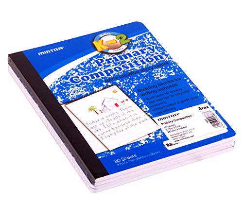 Mintra Office Composition Notebooks, Primary Ruled, (4 Pack, Blue Cover), 80 Sheets. Creative, Hardcover Book, Grade K-2, 7.5in x 9.75in, For School, Home, Business, Office