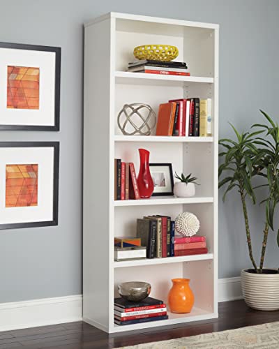 ClosetMaid Bookshelf with 5 Shelf Tiers, Adjustable Shelves, Tall Bookcase Sturdy Wood with Closed Back Panel, White Finish