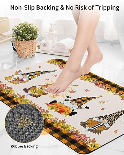 Bathroom Floor Shower Mat, Non-Slip Small Rugs - Easy to Clean, Happy Thanksgiving Day Dwarf Gnome with Pumpkin Sunflower Durable Bath Rug 18"x30" Washable Quick Dry Mats for Bathtubs