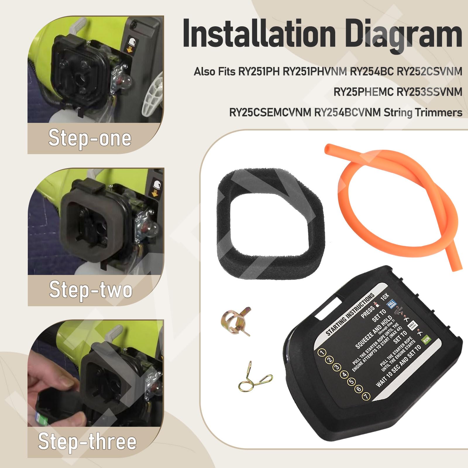 308649003 Air Filter w/Labels & 5687301 Cover Compatible with Ryobi RY251PH RY252CS RY253SS RY254BC 25CC String Trimmer - Contain oil tube