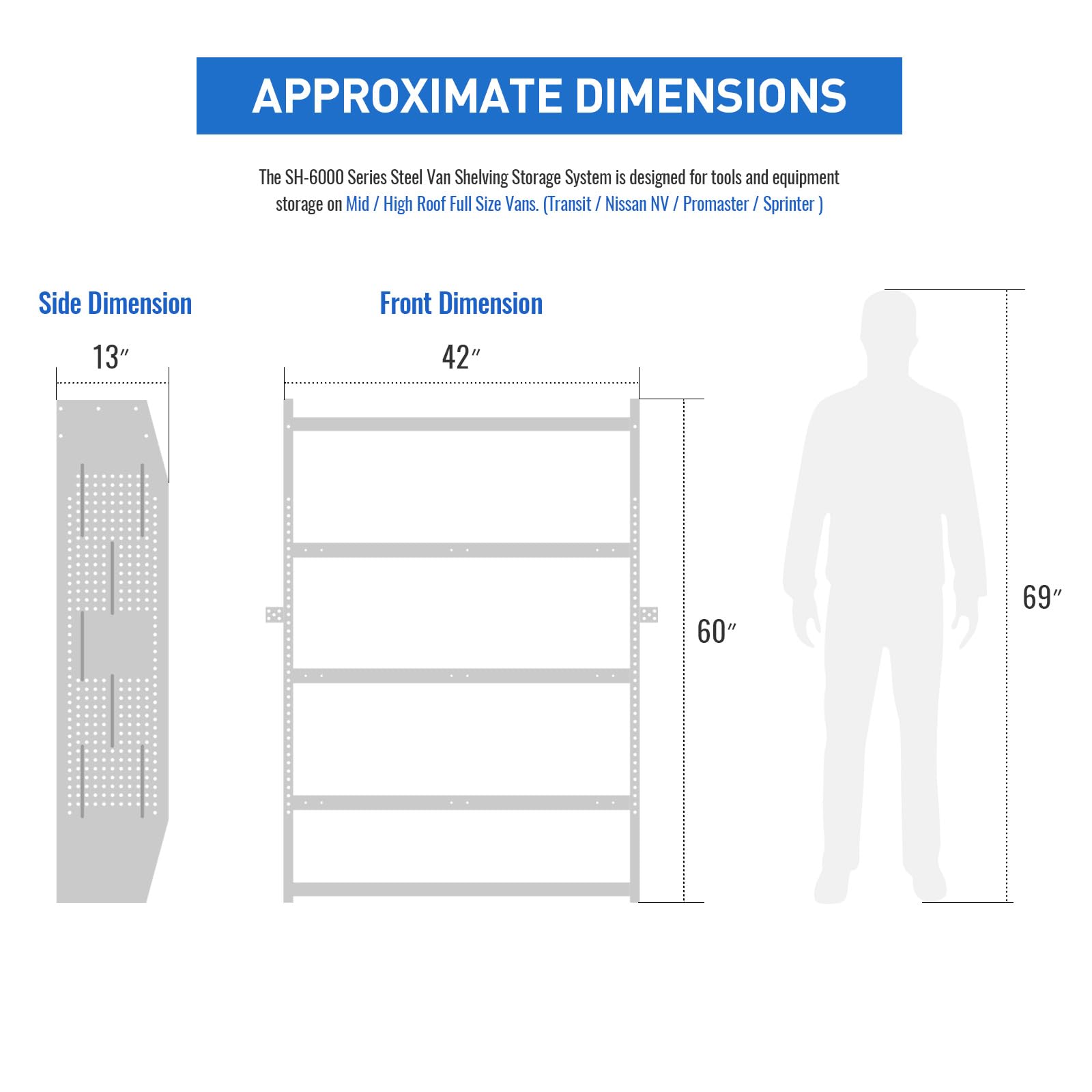 AA Products SH-6004 Steel Mid/High Roof Van Shelving Storage System Fits Transit, NV, Promaster and Sprinter, Van Shelving Units, 42''W x 60''H x 13''D
