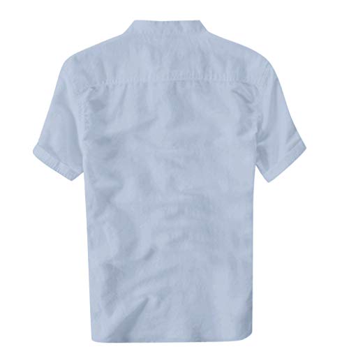 YOMXL Cotton T-Shirt Men's Solid Color Stand Collar Short Sleeve Tops Summer Button Front Tee T Shirts Blue