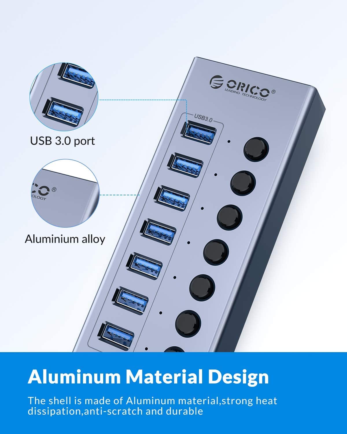 ORICO 13 Port BC1.2 USB 3.0 Hub + Quick Charge with Individual Switches 13 Port USB Data Hub self Power 12V/5A (60W) Black