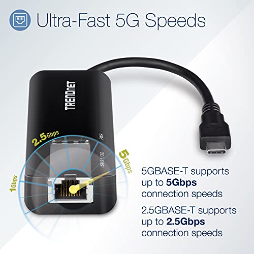 TRENDnet USB-C 3.1 to 5GBASE-T Ethernet Adapter, 2.5GBASE-T RJ-45, Integrated 12.6cm (4.9 in) USB Type C Cable, Compatible with Cat5e Or Better Cabling, Windows Compatible, Black, TUC-ET5G