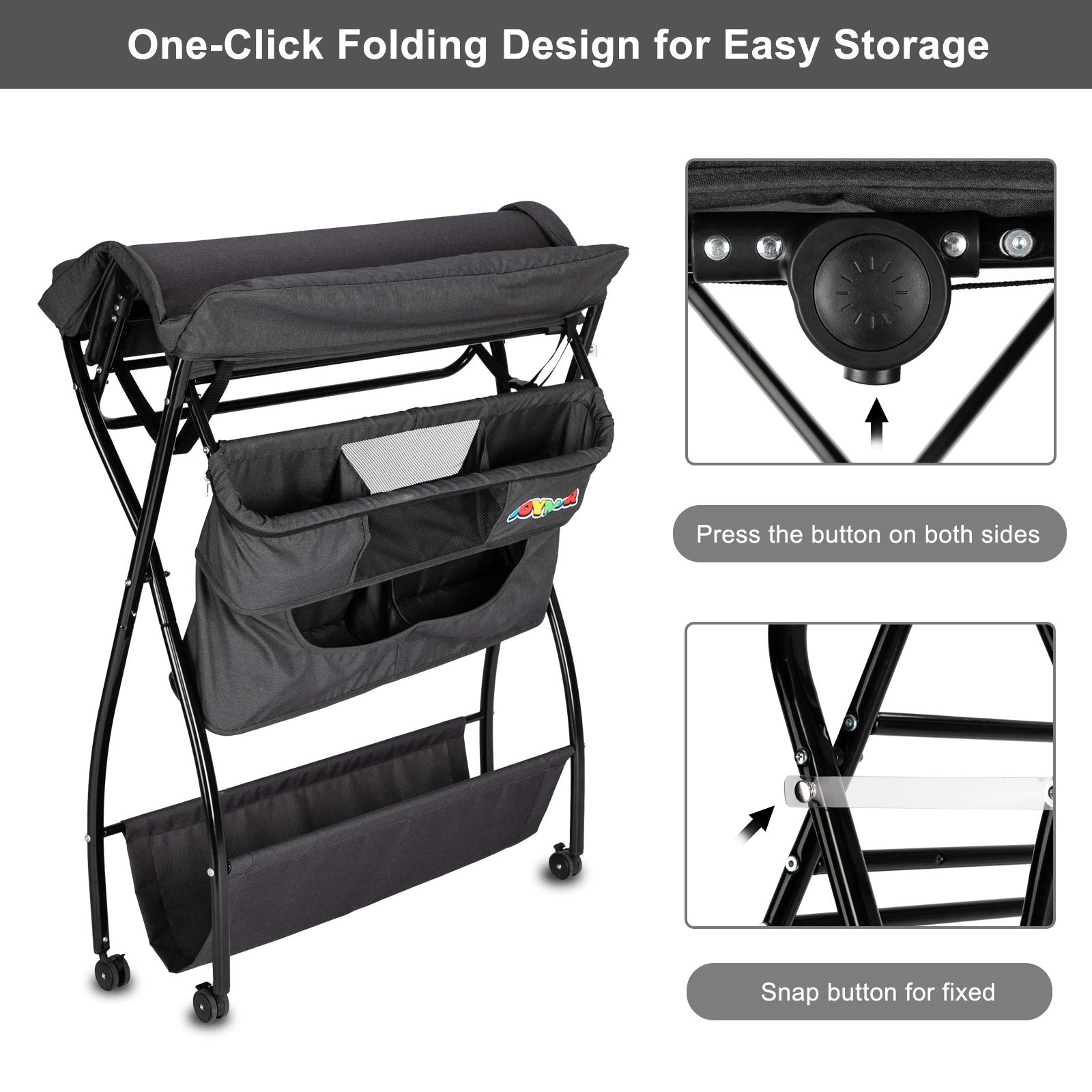 JOYMOR 2-in-1 Folding Baby Changing Table, Moblie Diaper Table for Infant, Portable Diaper Changing Station with Wheels, Large Storage Basket & Shelf Portable Nursery Organizer