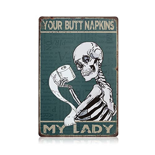 Bathroom Signs Decor Funny Witty, Farmhouse Restroom Decoration Green Wall Art Accents Vintage, Small Cute Metal Aluminum Sign Gifts (Your Butt Napkins My Lady)