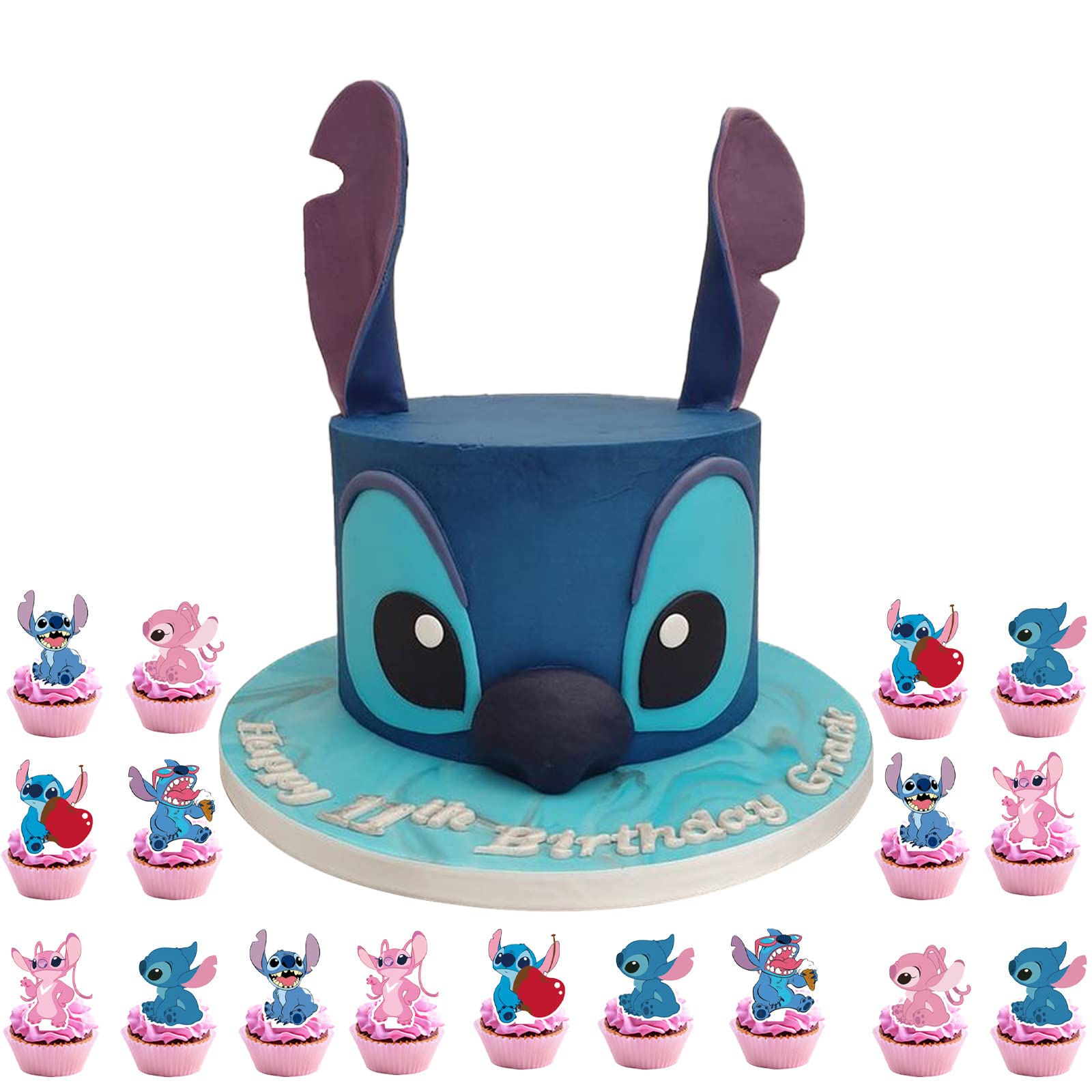 48 Pcs Pink Stitch Party Cupcake Toppers, Pink Girl Stitch Birthday Party Decorations